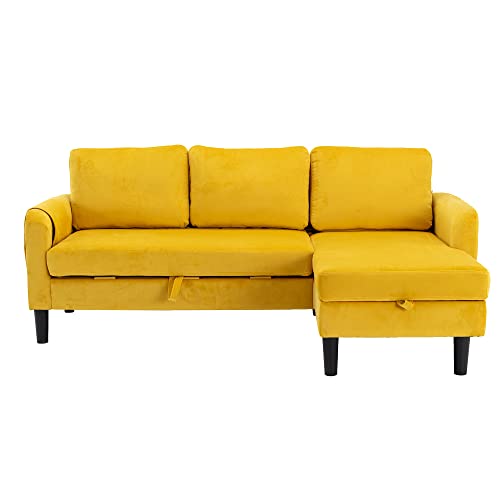 Olela Pull Out Sleeper Sofa Couch,Velvet Convertible Sofa Bed L Shape Sectional Sofa with Storage Chaise and Pocket for Living Room (Mustard)