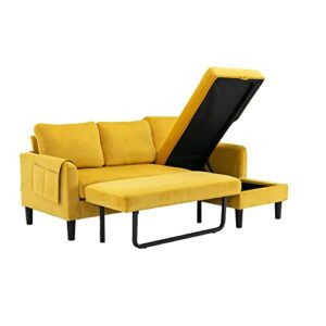 Olela Pull Out Sleeper Sofa Couch,Velvet Convertible Sofa Bed L Shape Sectional Sofa with Storage Chaise and Pocket for Living Room (Mustard)