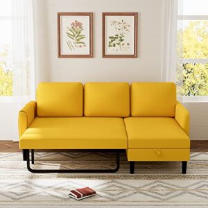 Olela Pull Out Sleeper Sofa Couch,Velvet Convertible Sofa Bed L Shape Sectional Sofa with Storage Chaise and Pocket for Living Room (Mustard)