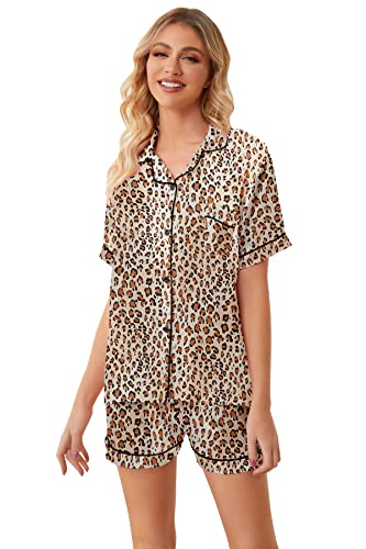 Umeyda Women's Short Sleeve Sleepwear Button Down Silk Satin 2 Piece Pajama Set, Leopard White, Small