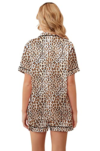 Umeyda Women's Short Sleeve Sleepwear Button Down Silk Satin 2 Piece Pajama Set, Leopard White, Small