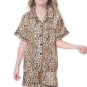 Umeyda Women's Short Sleeve Sleepwear Button Down Silk Satin 2 Piece Pajama Set, Leopard White, Small