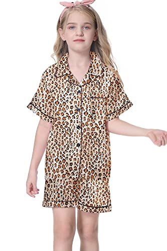 Umeyda Women's Short Sleeve Sleepwear Button Down Silk Satin 2 Piece Pajama Set, Leopard White, Small