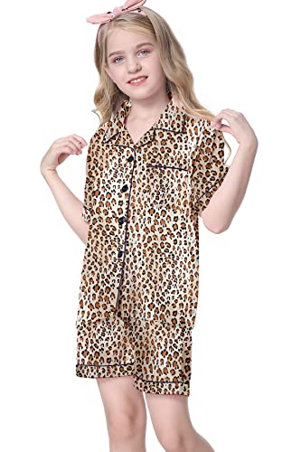 Umeyda Women's Short Sleeve Sleepwear Button Down Silk Satin 2 Piece Pajama Set, Leopard White, Small