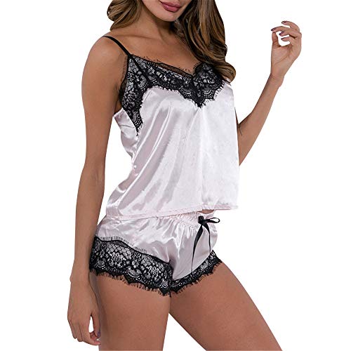 DONKWACHA84 Women's Sexy Sleeveless Silk Lace Trim 2 Piece Pajama Sets L, White