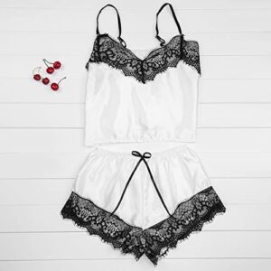 DONKWACHA84 Women's Sexy Sleeveless Silk Lace Trim 2 Piece Pajama Sets L, White