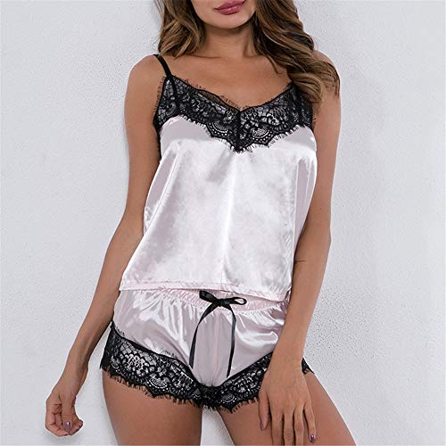 DONKWACHA84 Women's Sexy Sleeveless Silk Lace Trim 2 Piece Pajama Sets L, White