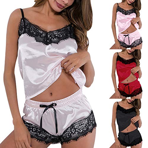 DONKWACHA84 Women's Sexy Sleeveless Silk Lace Trim 2 Piece Pajama Sets L, White