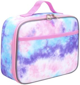 fenrici tie dye lunch box for girls, girl's lunch box, soft sided compartments, spacious girl's lunch bag for school, bpa free, food safe,10.8in x 8.5in x 2.8in, tie dye, pastel, pink