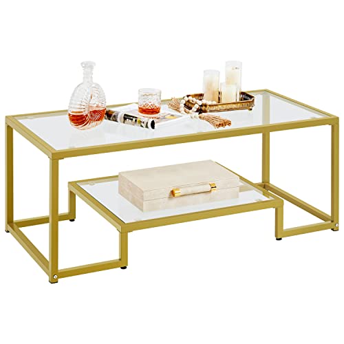 Yaheetech Rectangular Coffee Table, Tempered Glass Coffee Table with 2 Tier Storage Shelf, Modern Center Tea Table with Heavy-Duty Metal Frame for Home Living Room, Gold