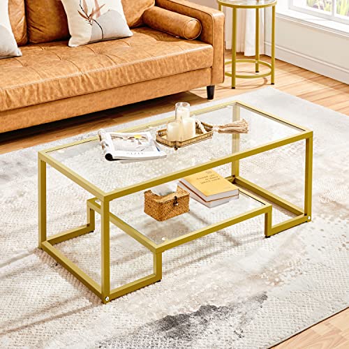 Yaheetech Rectangular Coffee Table, Tempered Glass Coffee Table with 2 Tier Storage Shelf, Modern Center Tea Table with Heavy-Duty Metal Frame for Home Living Room, Gold