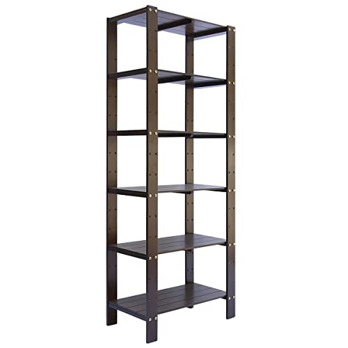 6-Tier Storage Shelving Unit, Wooden Bookshelf, Open Bookcase with Adjustable Storage Shelves, Bookcase for Office, Indoor Shelf for Home Décor, Books, Plants. Holds Up to 220 lb (Dark Brown)