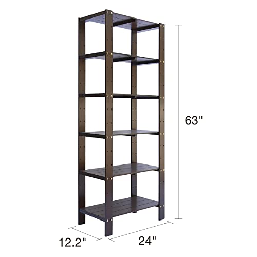 6-Tier Storage Shelving Unit, Wooden Bookshelf, Open Bookcase with Adjustable Storage Shelves, Bookcase for Office, Indoor Shelf for Home Décor, Books, Plants. Holds Up to 220 lb (Dark Brown)