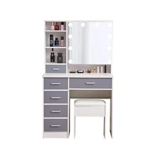 vanity set with sliding lighted mirror, vanity desk makeup vanity dressing table with led lights, 6 drawers, hidden shelves & cushioned stool for bedroom