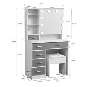 Vanity Set with Sliding Lighted Mirror, Vanity Desk Makeup Vanity Dressing Table with LED Lights, 6 Drawers, Hidden Shelves & Cushioned Stool for Bedroom