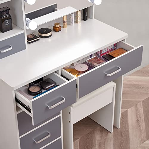 Vanity Set with Sliding Lighted Mirror, Vanity Desk Makeup Vanity Dressing Table with LED Lights, 6 Drawers, Hidden Shelves & Cushioned Stool for Bedroom