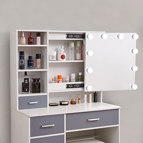 Vanity Set with Sliding Lighted Mirror, Vanity Desk Makeup Vanity Dressing Table with LED Lights, 6 Drawers, Hidden Shelves & Cushioned Stool for Bedroom