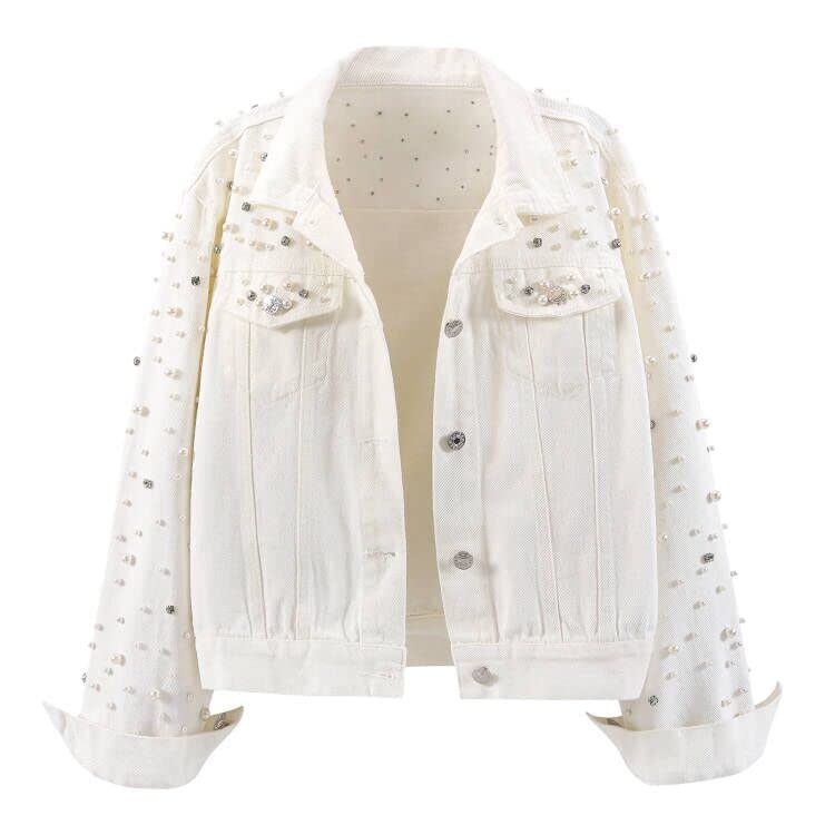 LifeShe Women's Pearls Denim Jacket Cropped Rhinestones Jean Jacket Coat