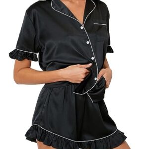 SWOMOG Soft Silk Satin Pajama Set for Women Summer Nightwear Short Sleeve Pjs Sets 2 piece Pyjamas Button Down Sleepwear Black