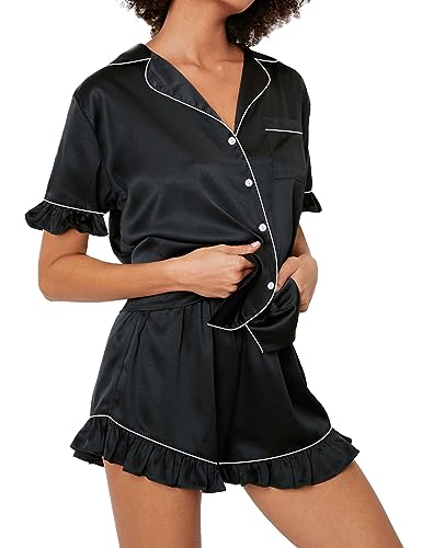 SWOMOG Soft Silk Satin Pajama Set for Women Summer Nightwear Short Sleeve Pjs Sets 2 piece Pyjamas Button Down Sleepwear Black