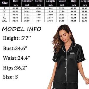 SWOMOG Soft Silk Satin Pajama Set for Women Summer Nightwear Short Sleeve Pjs Sets 2 piece Pyjamas Button Down Sleepwear Black