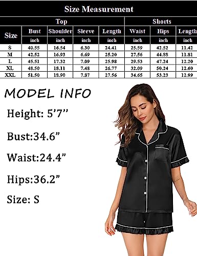 SWOMOG Soft Silk Satin Pajama Set for Women Summer Nightwear Short Sleeve Pjs Sets 2 piece Pyjamas Button Down Sleepwear Black