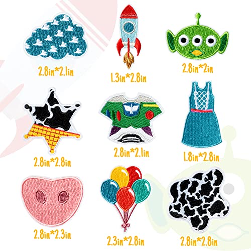 9 Pcs Toy Inspired Iron on Patches Cute Cartoon Movie Sew on Embroidered Applique Decorative Repair Patch Emblem DIY Crafts Projects for Clothing Jacket Jeans Pants Dress Backpack Hat Gift