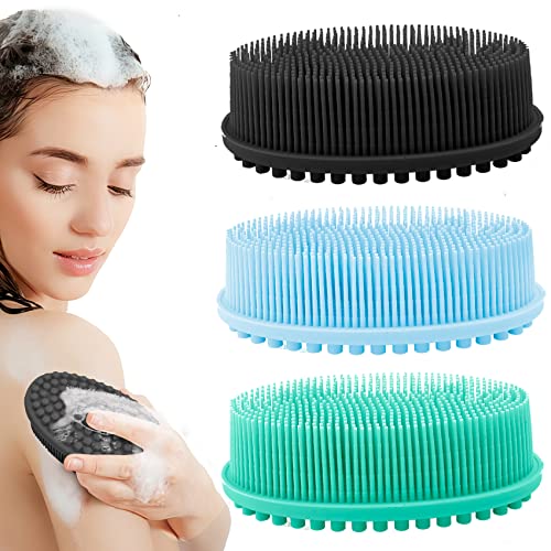 3 Pack Silicone Body Scrubber, Soft Silicone Loofah Exfoliating Body Scrubber, Silicone Body Brush Bath Shower Scrubber for Body, 2 in 1 Bath and Shampoo Wash Brush for Skin Exfoliation Men Women Kid