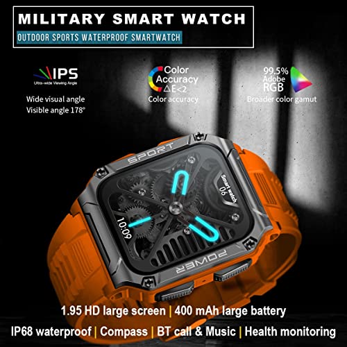 Desong Military Smart Watch,1.95" Rugged Smart Watch(Call Receive/Dial),IP68 Waterproof Activity Trackers Smartwatches,Fitness Heart Rate Sleep Monitor Sport Smartwatch for Android iOS