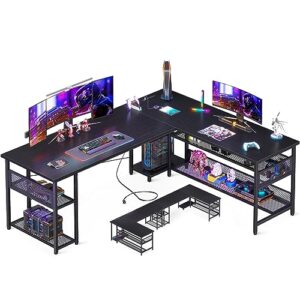 odk 66" l shaped desk with power outlet and usb charging ports, reversible l shaped computer desk with storage shelves, home office desk, gaming desk, corner desk, black