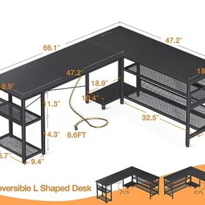 ODK 66" L Shaped Desk with Power Outlet and USB Charging Ports, Reversible L Shaped Computer Desk with Storage Shelves, Home Office Desk, Gaming Desk, Corner Desk, Black