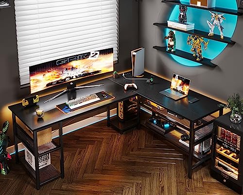 ODK 66" L Shaped Desk with Power Outlet and USB Charging Ports, Reversible L Shaped Computer Desk with Storage Shelves, Home Office Desk, Gaming Desk, Corner Desk, Black