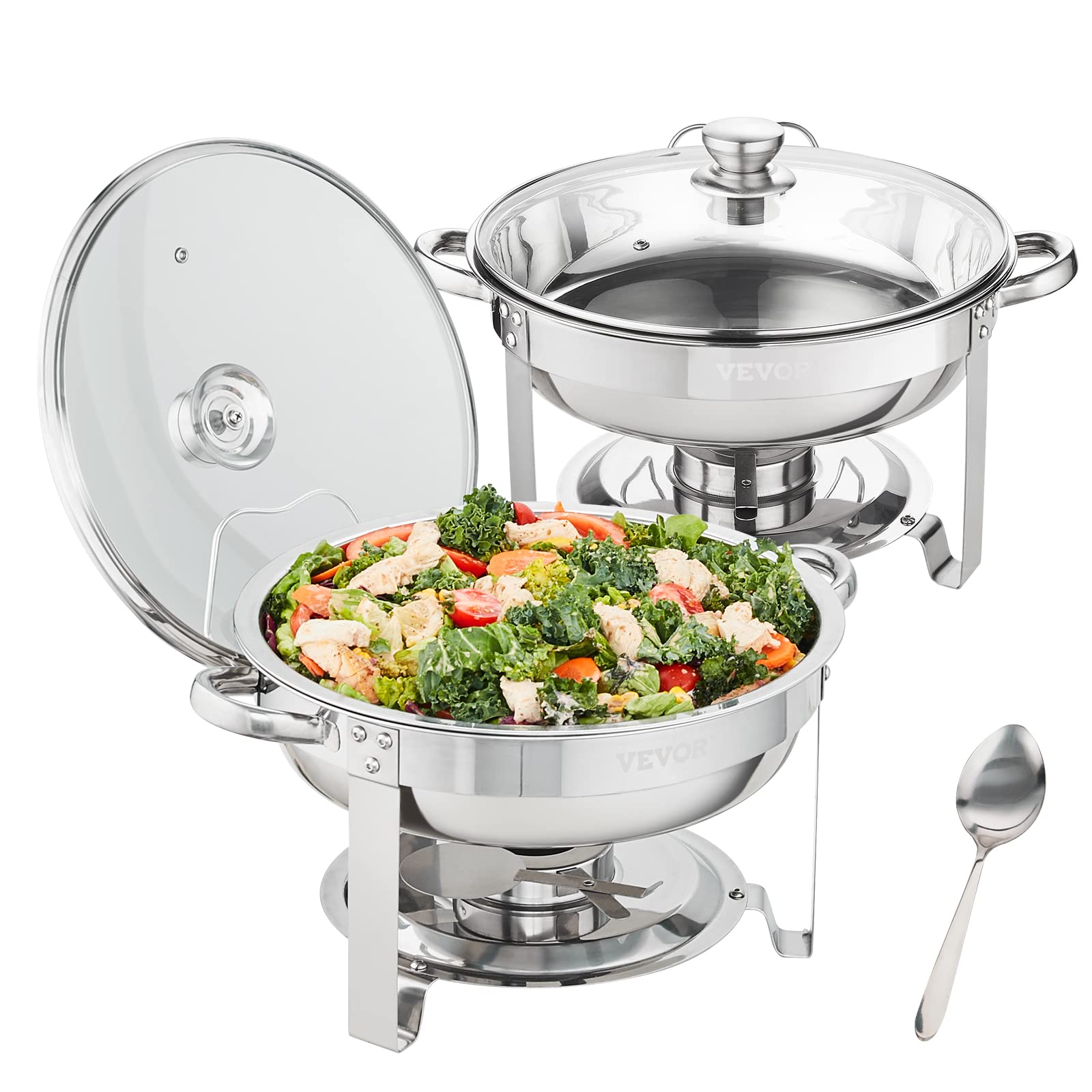 VEVOR Chafing Dish Buffet Set, 4 Qt 2 Pack, Stainless Steel Chafer w/ 2 Full Size Pans, Round Catering Warmer Server w/Vented Glass Lid Water Pan Stand Fuel Holder Hook Spoon, at Least 4 People Each