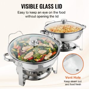 VEVOR Chafing Dish Buffet Set, 4 Qt 2 Pack, Stainless Steel Chafer w/ 2 Full Size Pans, Round Catering Warmer Server w/Vented Glass Lid Water Pan Stand Fuel Holder Hook Spoon, at Least 4 People Each