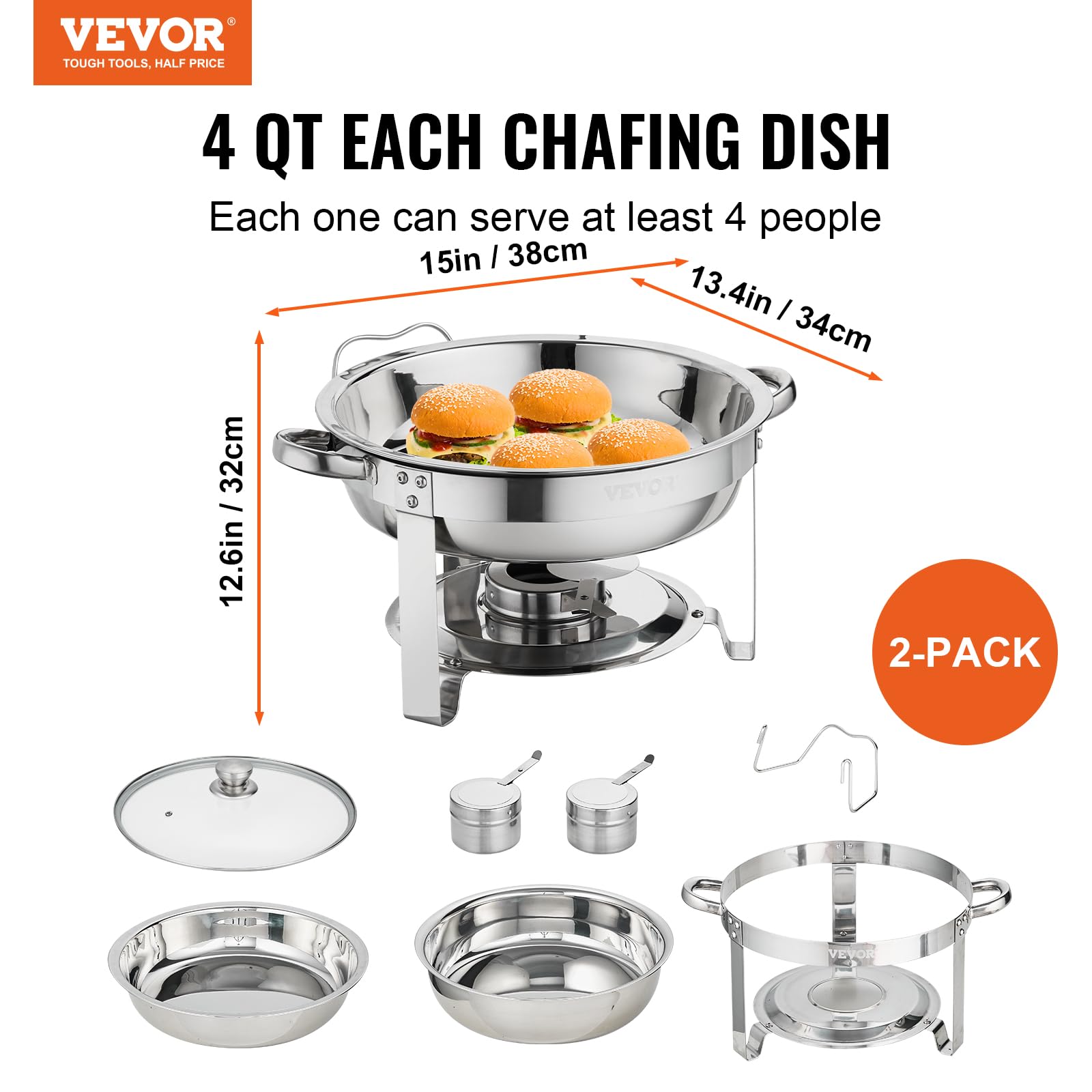 VEVOR Chafing Dish Buffet Set, 4 Qt 2 Pack, Stainless Steel Chafer w/ 2 Full Size Pans, Round Catering Warmer Server w/Vented Glass Lid Water Pan Stand Fuel Holder Hook Spoon, at Least 4 People Each