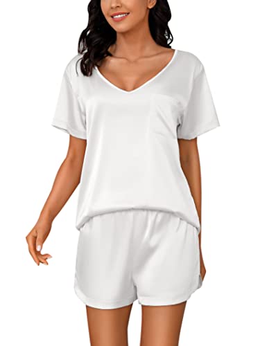 Litherday Women's Satin Pajama Set Silk Causal Short Sleeve Pj Shirt Lounge Shorts Sexy Pjs Soft V-Neck Sleepwear with Pockets White Medium