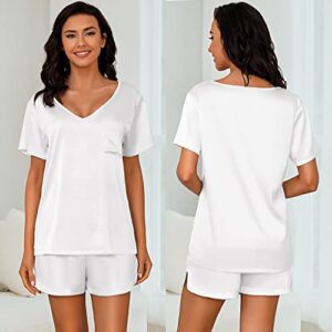 Litherday Women's Satin Pajama Set Silk Causal Short Sleeve Pj Shirt Lounge Shorts Sexy Pjs Soft V-Neck Sleepwear with Pockets White Medium