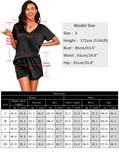 Litherday Women's Satin Silky Pajama Set Short Sleeve T-shirt with Shorts Set 2 Piece Pjs Lounge Set Black Medium