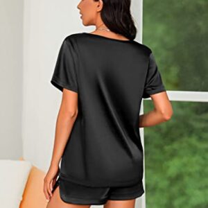 Litherday Women's Satin Silky Pajama Set Short Sleeve T-shirt with Shorts Set 2 Piece Pjs Lounge Set Black Medium