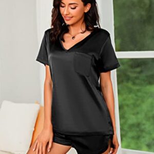 Litherday Women's Satin Silky Pajama Set Short Sleeve T-shirt with Shorts Set 2 Piece Pjs Lounge Set Black Medium