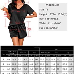 Litherday Silk Pjs For Women Set 2 Piece Pajama Shorts Set Soft V Neck Sleepwear Satin Lounge Set Outfits Classic Nightwear Black Large