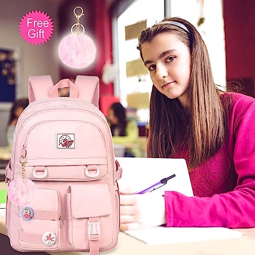 CCJPX Girls Backpack, 16 inch Elementary School Laptop Bag College Bookbag, Anti Theft Daypack for Teens Students Women - Pink