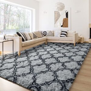 Keeko Fluffy Rugs, 4x6ft Fuzzy Area Rug for Living Room, Modern Geometric Plush Carpets for Bedroom, Soft Kid's Room Shaggy Rug, Nursery Room Decor Rug,Grey and Black