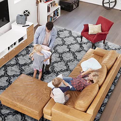 Keeko Fluffy Rugs, 4x6ft Fuzzy Area Rug for Living Room, Modern Geometric Plush Carpets for Bedroom, Soft Kid's Room Shaggy Rug, Nursery Room Decor Rug,Grey and Black