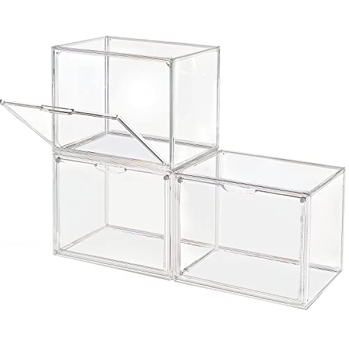 GUDEMAY Clear Stackable Plastic Storage Bins with Magnetic Attraction Lid, Dustproof Book & Cosmetic Display Cases, Large Figures Collectibles Showcase, Shoe Box, Protection Organizer (Transparent - 3 Pack)