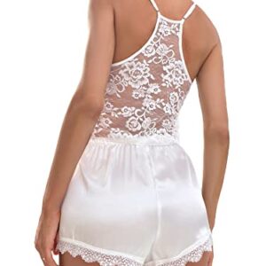 WDIRARA Women's Sleepwear 2 Piece Silk Satin Floral Lace Cami Top and Shorts Pajama Set White M