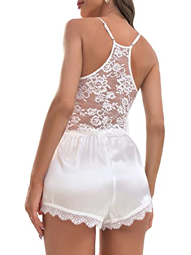 WDIRARA Women's Sleepwear 2 Piece Silk Satin Floral Lace Cami Top and Shorts Pajama Set White M