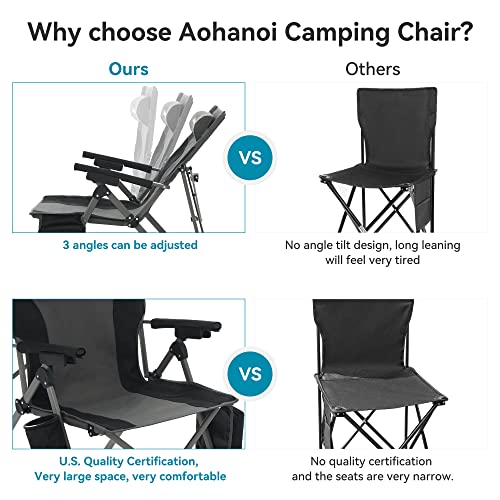 Aohanoi Camping Chairs, Camping Chairs for Heavy People, Outdoor Folding Chairs with Adjustable Angled Backrest, Lawn Chairs Folding Supports up to 300lbs (2 Pcs, Grey)