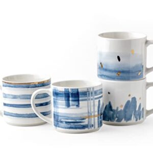 Divitis Home 15.8OZ stackable coffee mugs set of 4, new bone china coffee mugs, coffee cup sets of 4, coffee mugs set, coffee cup set, coffee cups, mugs, tea mugs, tea cups (Blue Vibes)