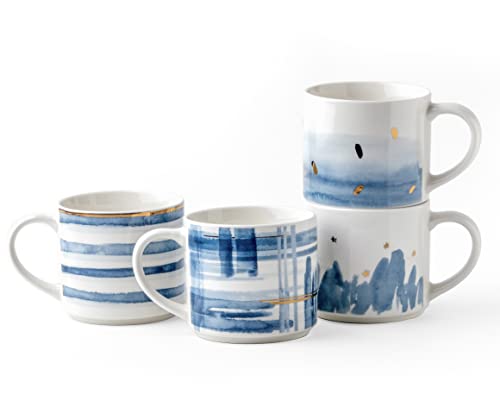 Divitis Home 15.8OZ stackable coffee mugs set of 4, new bone china coffee mugs, coffee cup sets of 4, coffee mugs set, coffee cup set, coffee cups, mugs, tea mugs, tea cups (Blue Vibes)